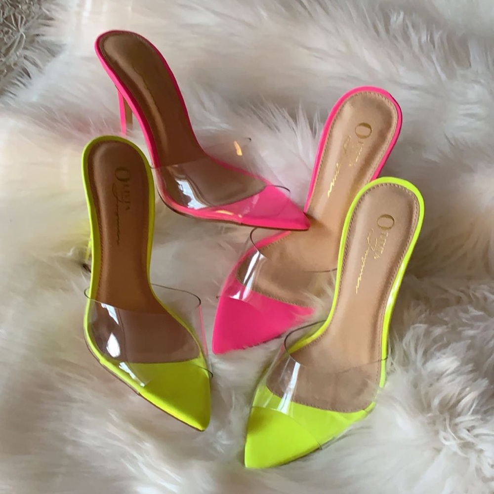 Neon Pink And Neon Yellow Slide Heels - Gem